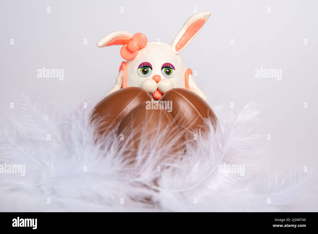 White Easter Bunny and brown chocolate eggs in a white soft feather ...