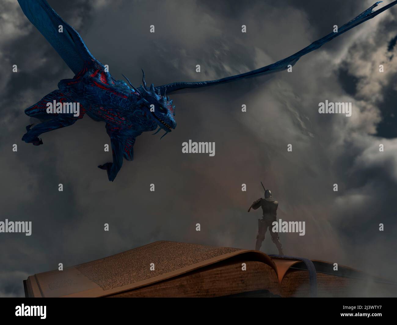 Magic old book with a knight fighting a dragon. Fantasy medieval period ...