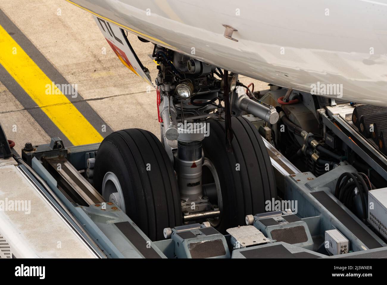 Zurich, Switzerland, March 2, 2022 Front wheel of an Airbus A321 ...