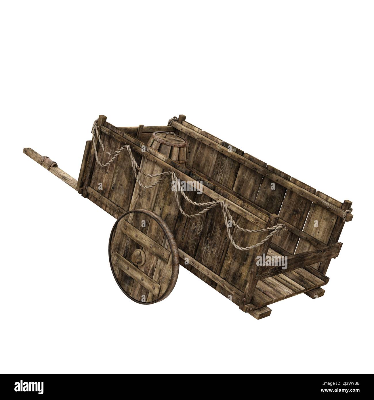 Medieval wooden cart from rear perspective. 3D rendering isolated on ...