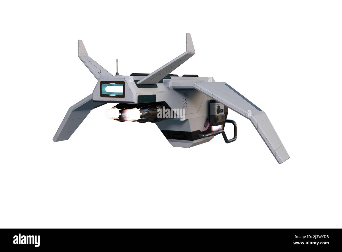 Rear perspective view 3D illustration of a futuristic science fiction ...