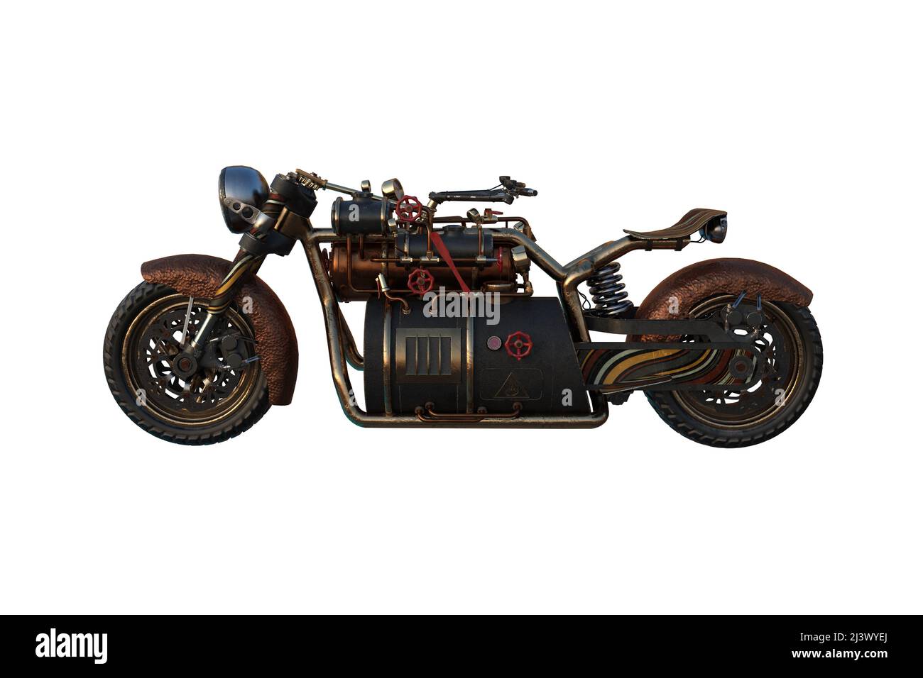 Side on view of a steam powered, steampunk styled motor bike. 3D illustration isolated on white ...