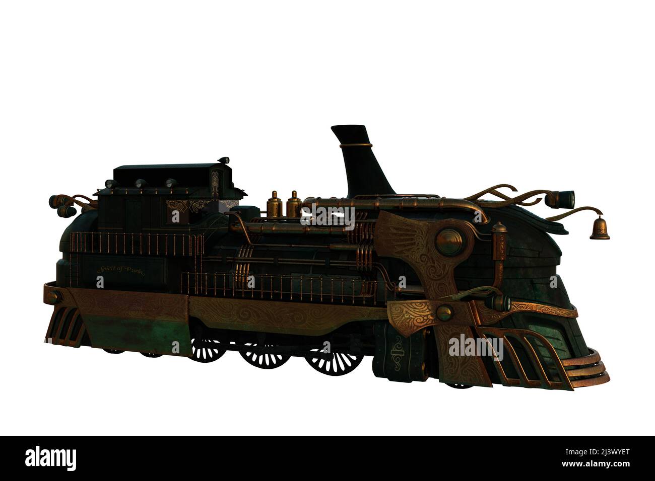 A Steampunk styled steam train engine. 3D illustration isolated on ...