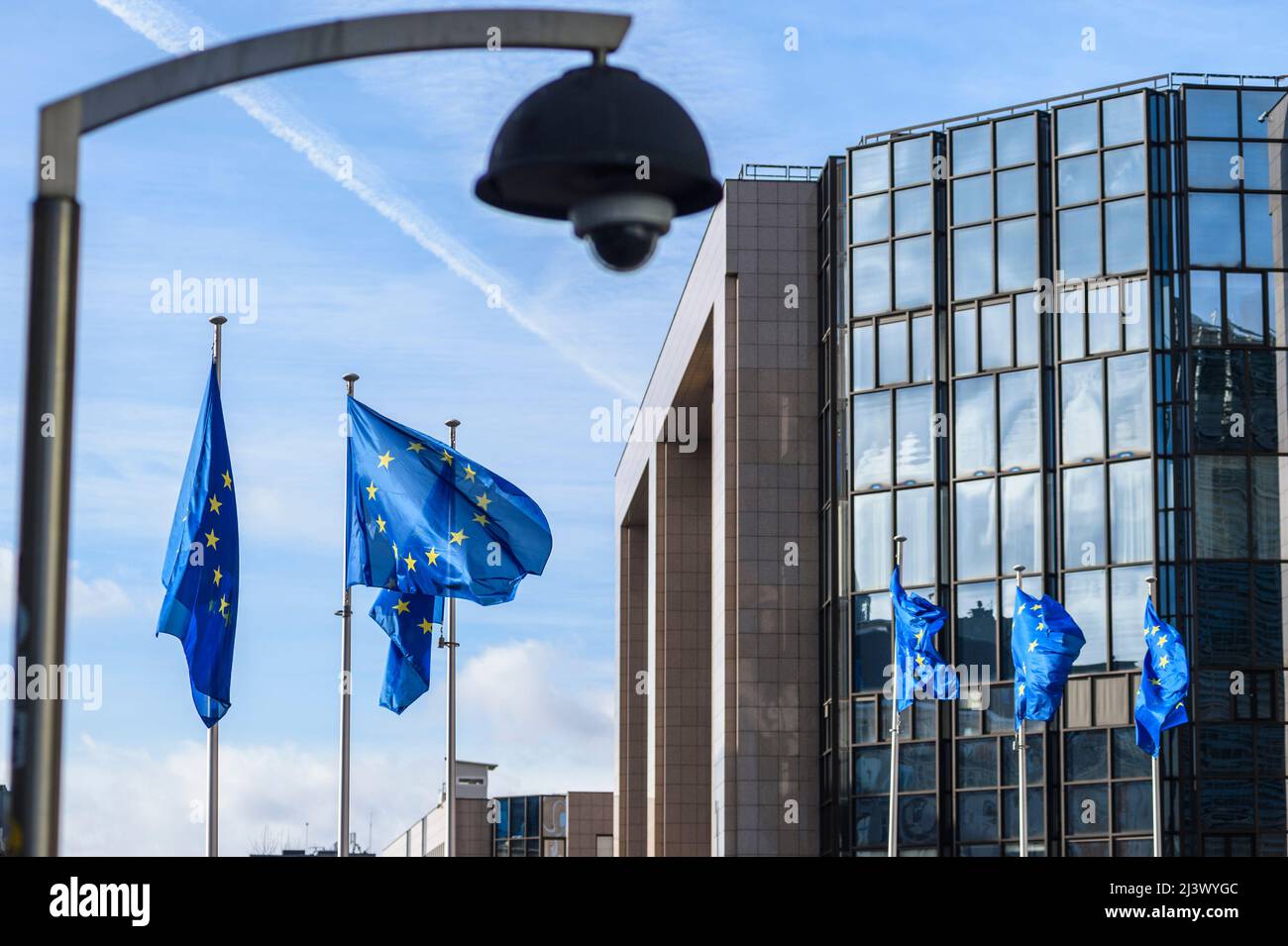 Several official European Flags with the blue and the yellow stars are ...