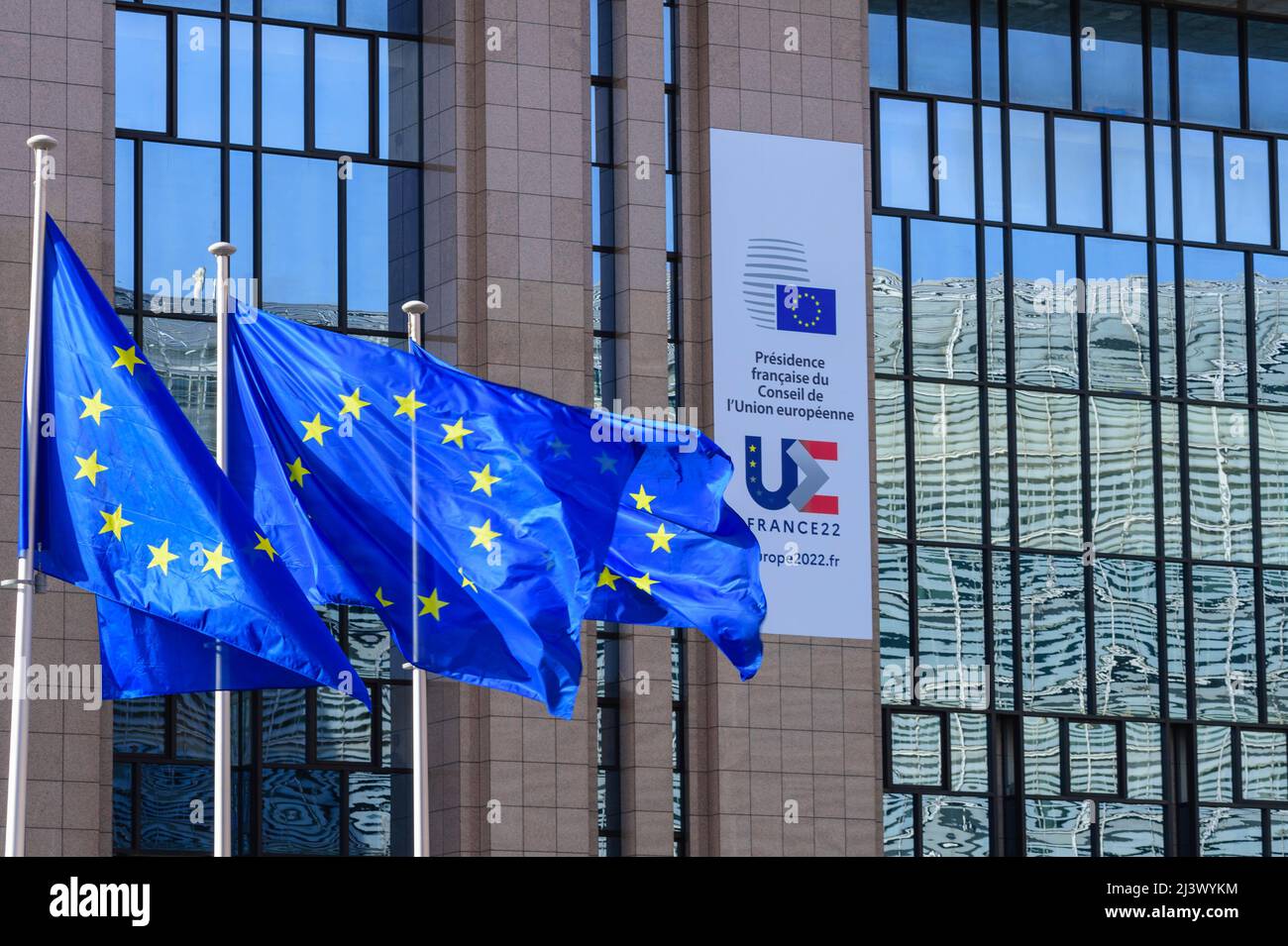 Several official European Flags with the blue and the yellow stars are ...