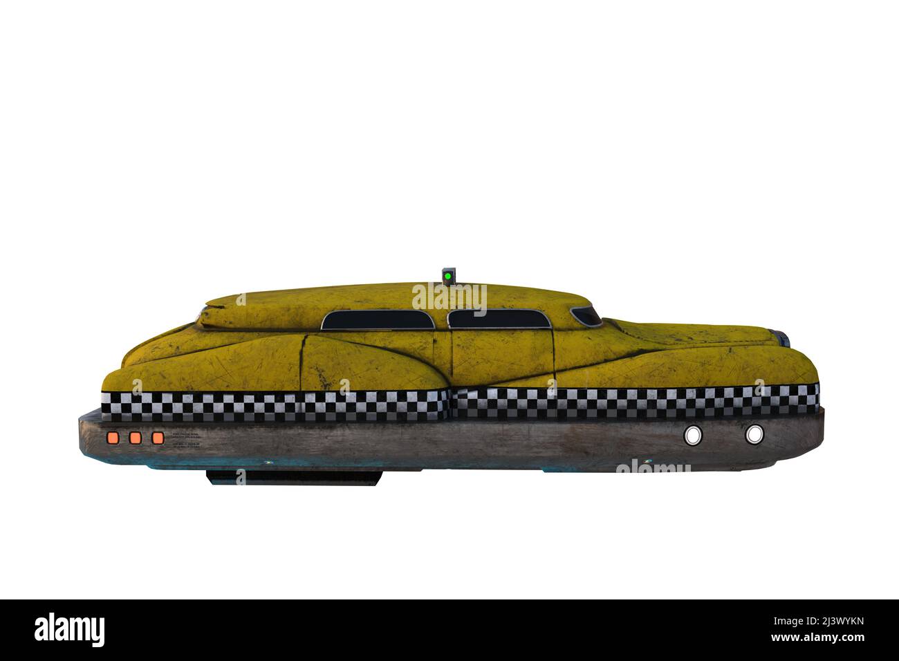 Flying futuristic sci-fi cyberpunk yellow taxi cab. Side view, 3D illustration isolated on a ...