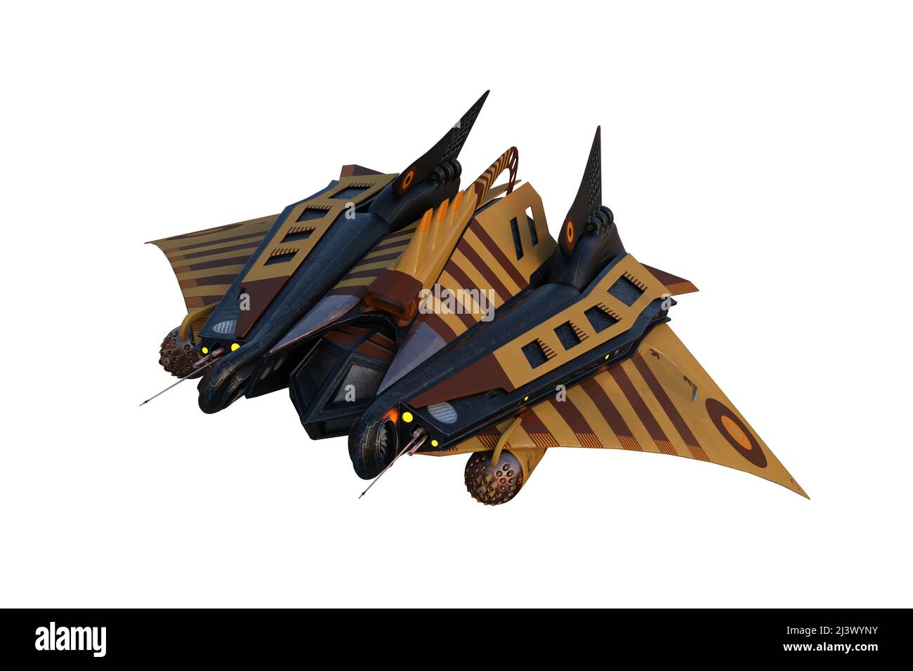 A sciience fiction alien space ship in flight viewed from the front. 3D ...