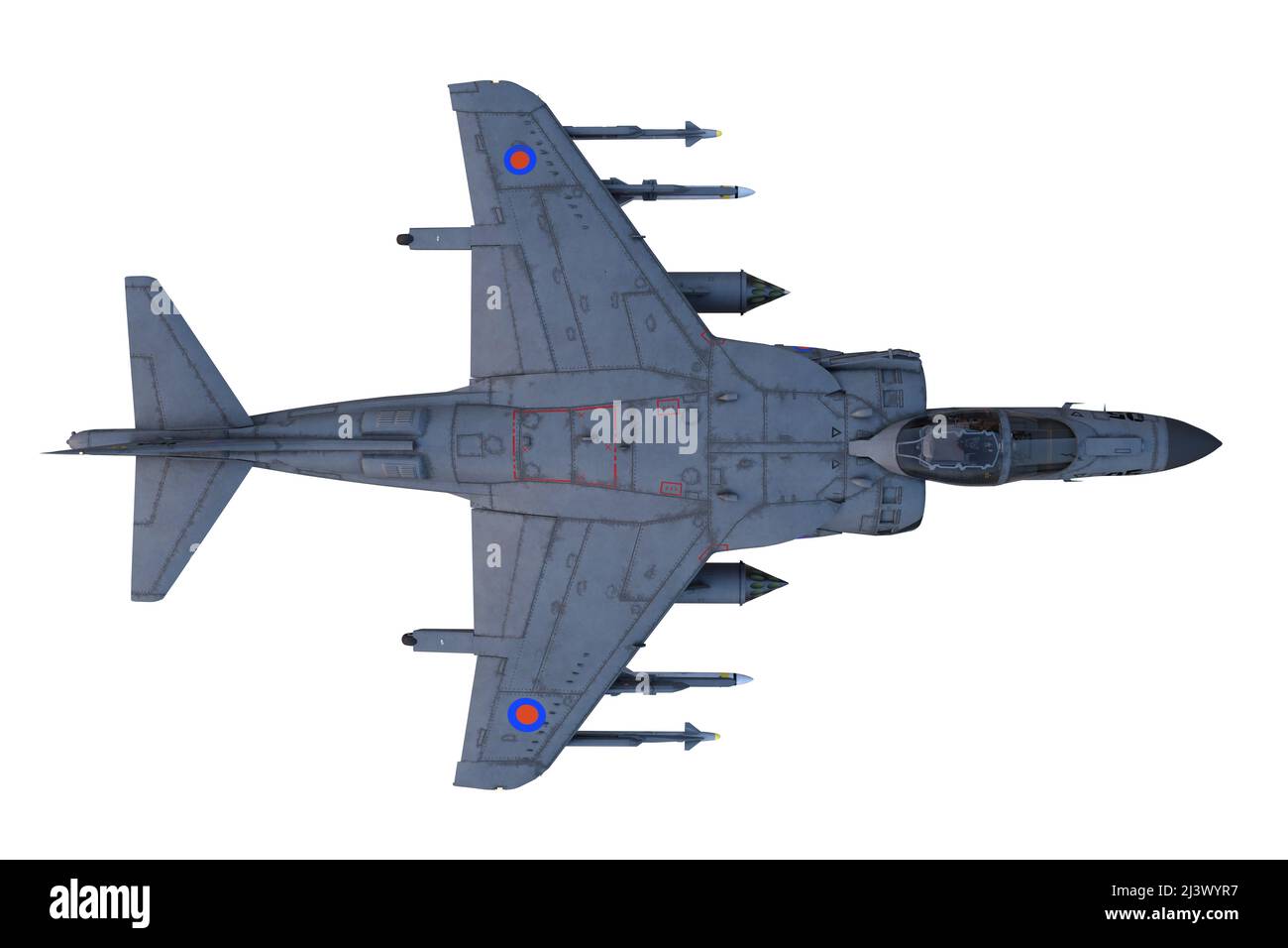 Top view of a grey jet fighter aircraft armed with missiles. 3D ...
