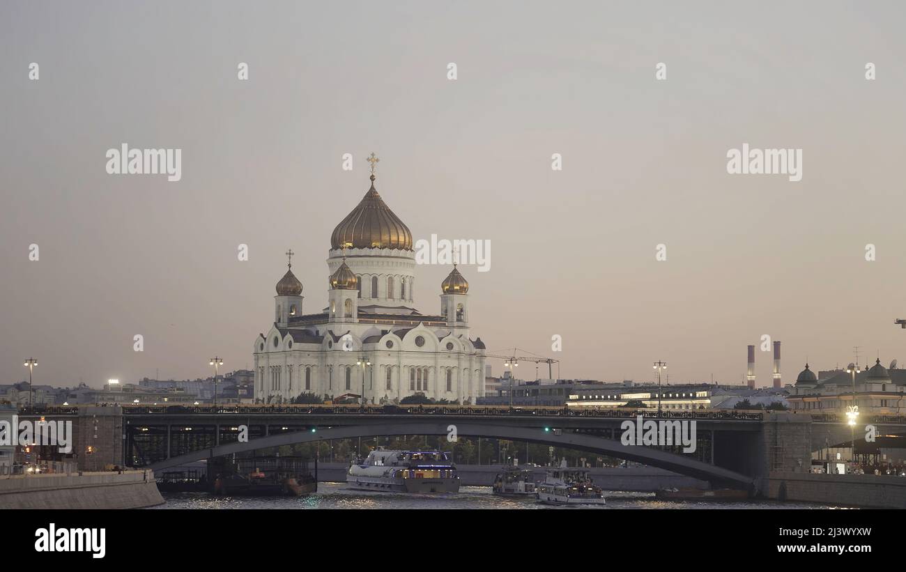 Aerial view of beautiful old cathedral building and Moscow river on ...
