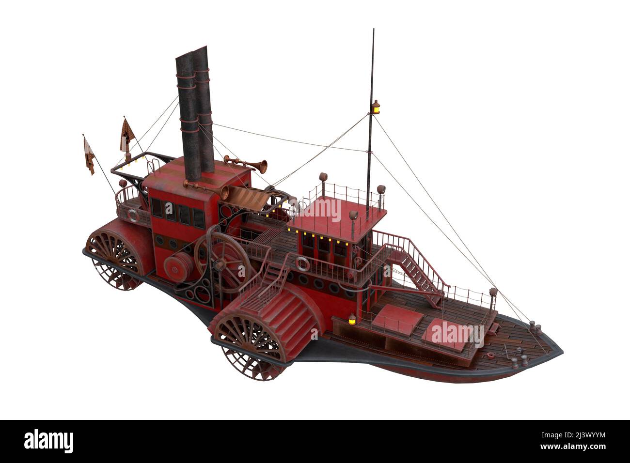 Steampunk styled paddle steamer boat viewed from above. 3D illustration ...