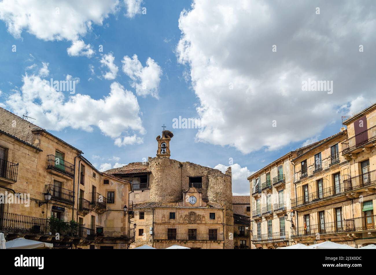 View of the main square of Sepulveda medieval town, one of the most ...