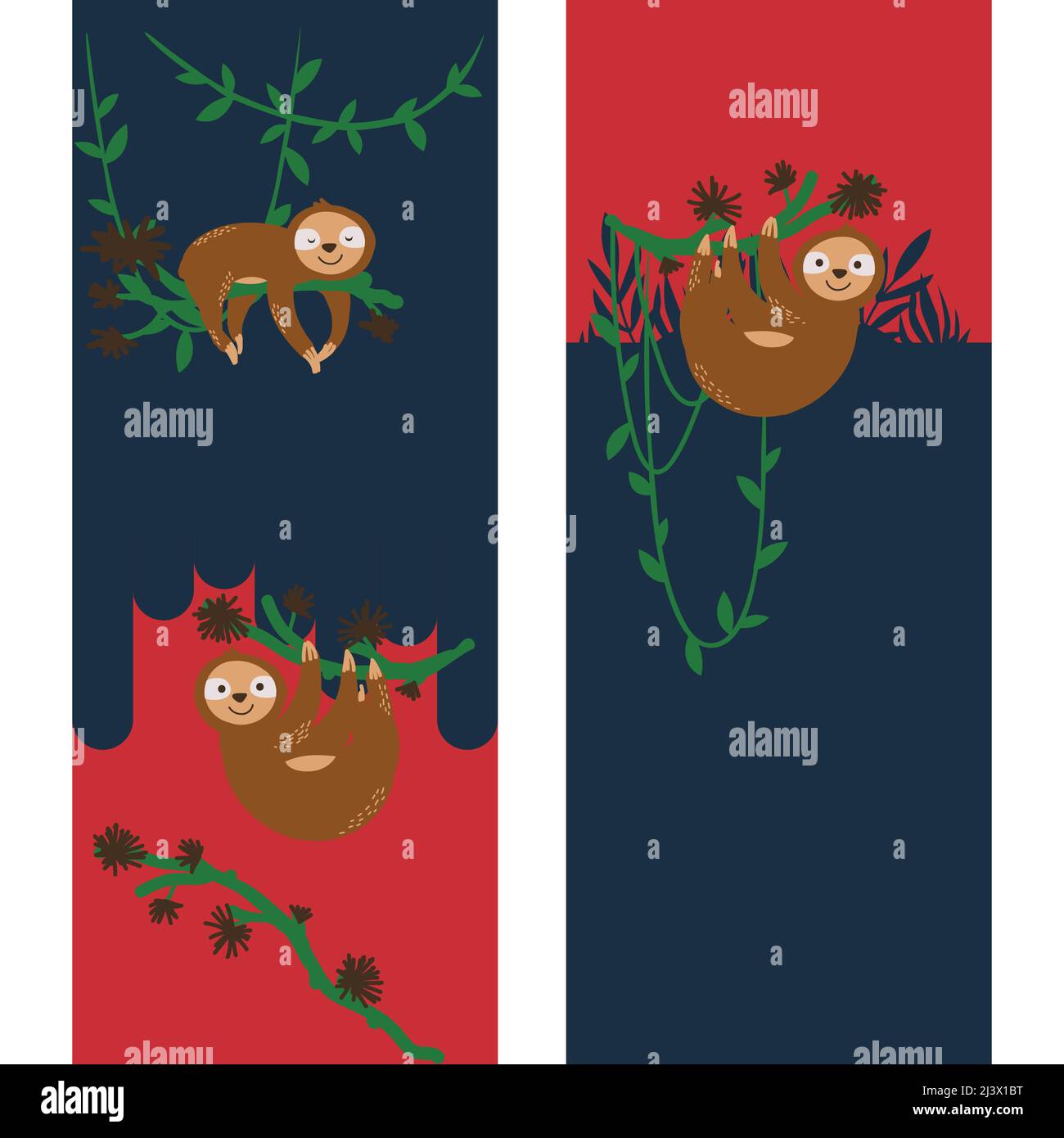 Cute sloth on branches cartoon vector illustration. Sleeping sloth in a ...