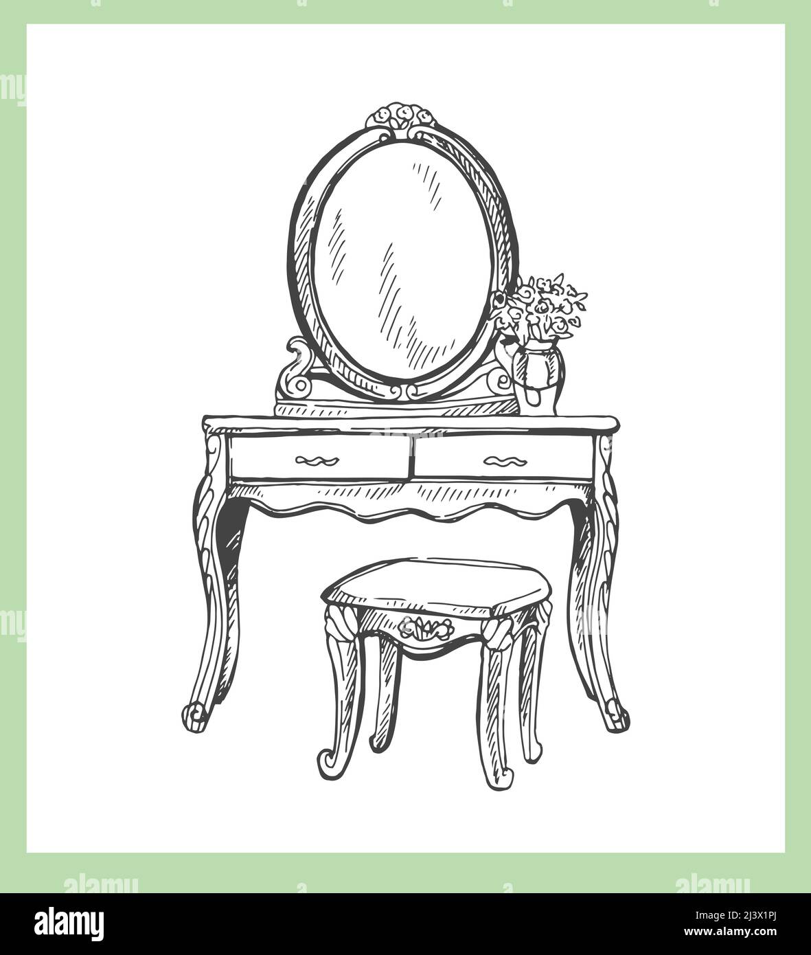 Hand drawn sketch style vintage dressing table isolated on white ...