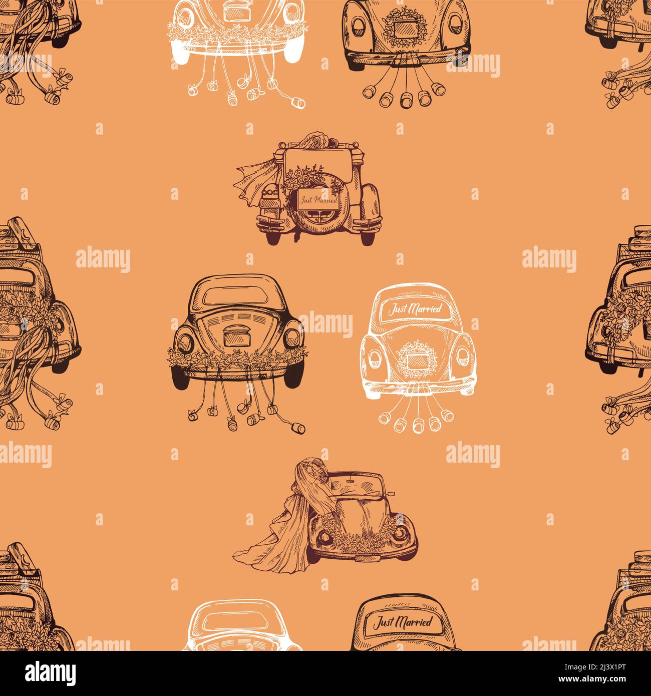 Seamless pattern of abstract hand drawn sketch style wedding cars ...