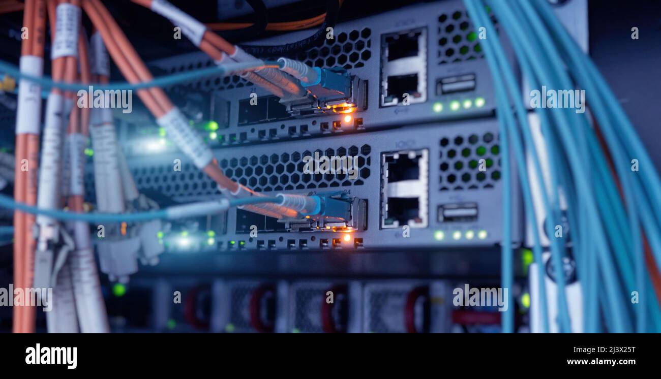 Network cables and hub closeup with fiber optical 6G Stock Photo - Alamy