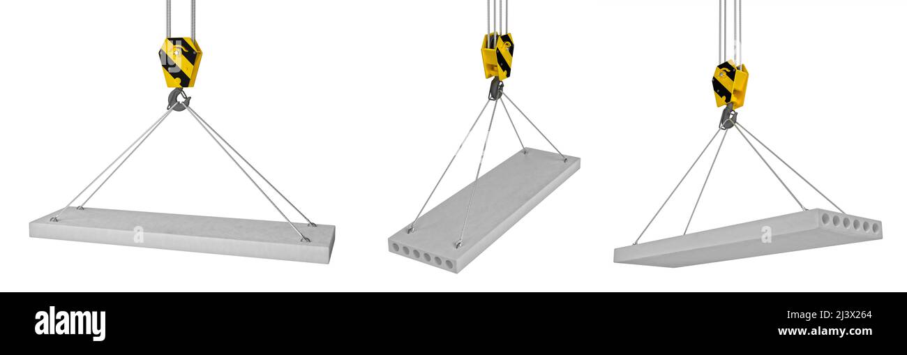 Slab hanged on crane hook by rope slings. 3d render Stock Photo - Alamy