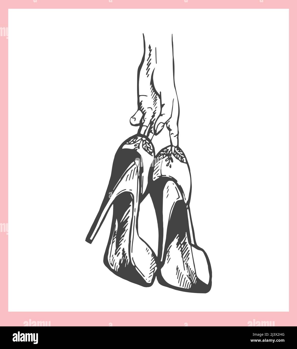 Hand drawn sketch style hand holding a pair of heels isolated on white ...