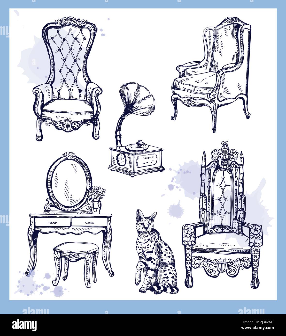 Set of hand drawn sketch style vintage interior elements isolated on ...