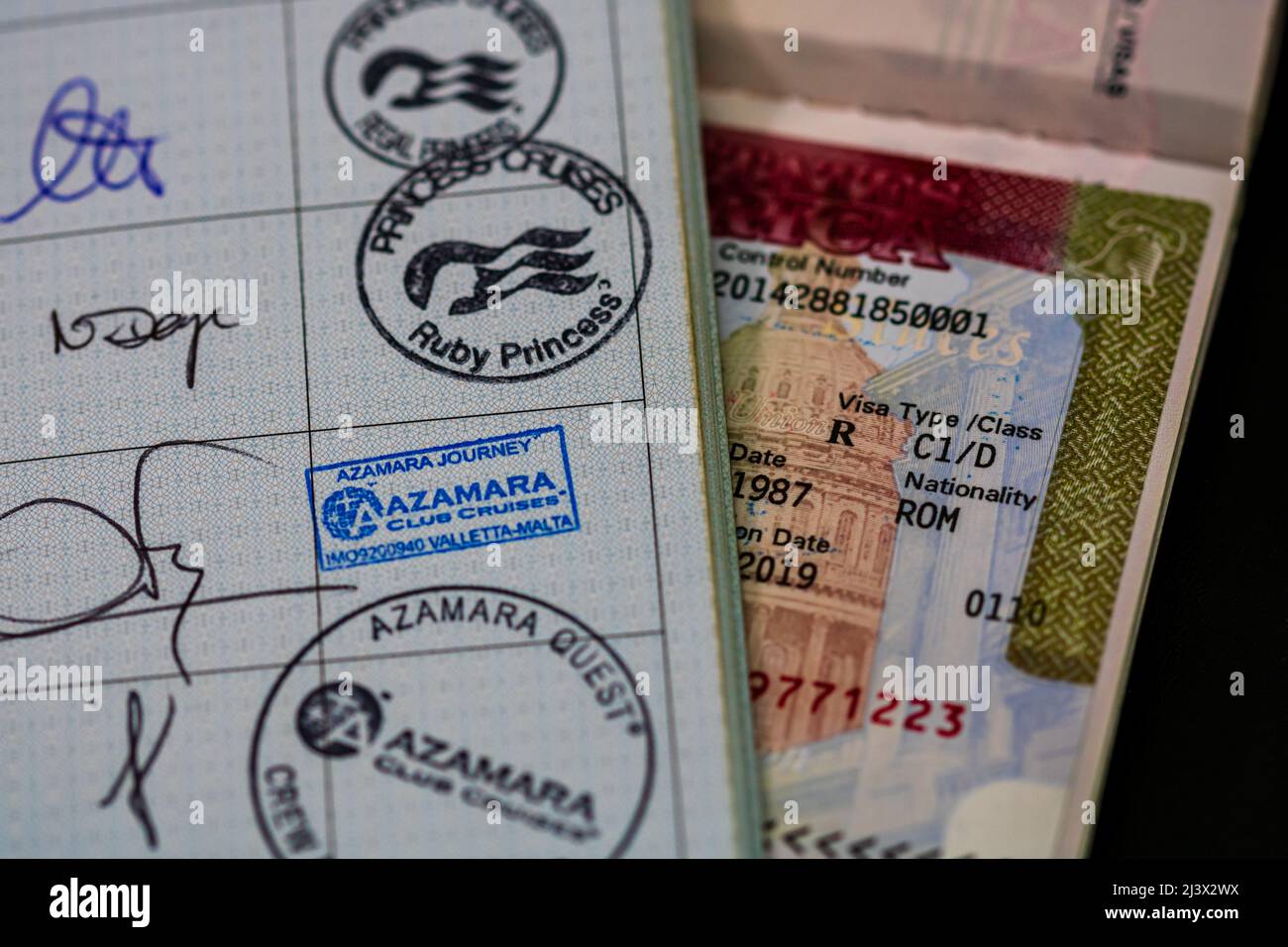 Detail of seaman discharge book and passport with C1/D US visa ...