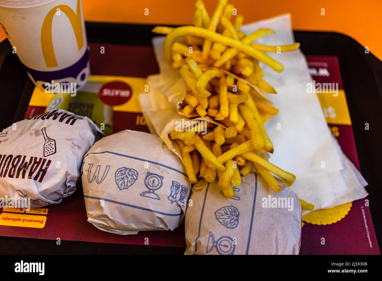 McDonald's burger and french fries with cold drink in Bucharest ...