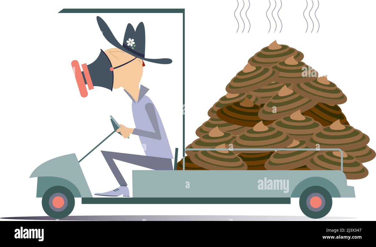 Farmer, truck and organic manure illustration. Funny man in the gas ...