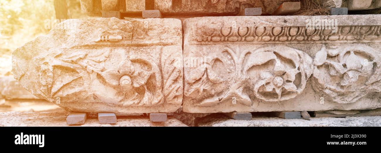 ruined construction of the old stone building with inscriptions in the ...