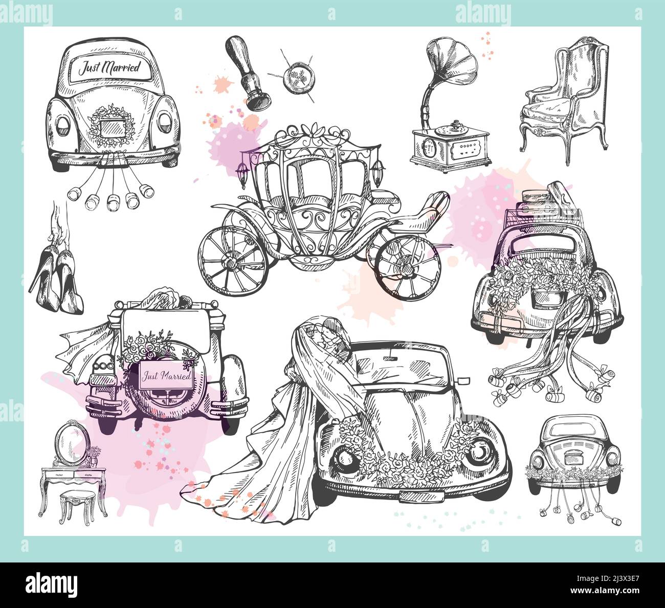 Set of hand drawn sketch style wedding themed objects isolated on white ...