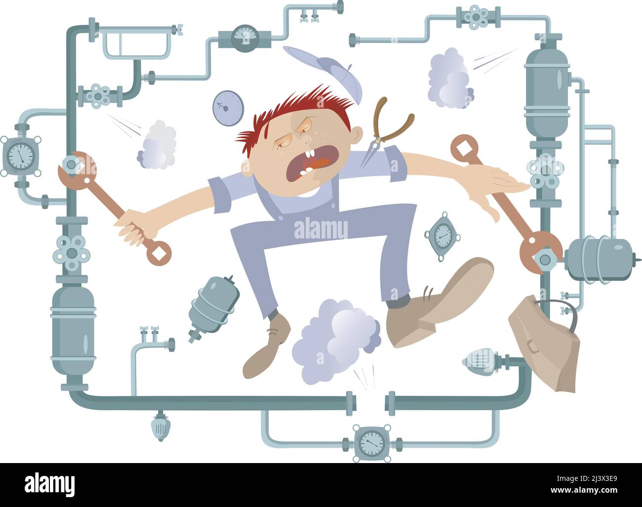 Comic mechanic hardly repairs pipe construction Stock Vector Image ...