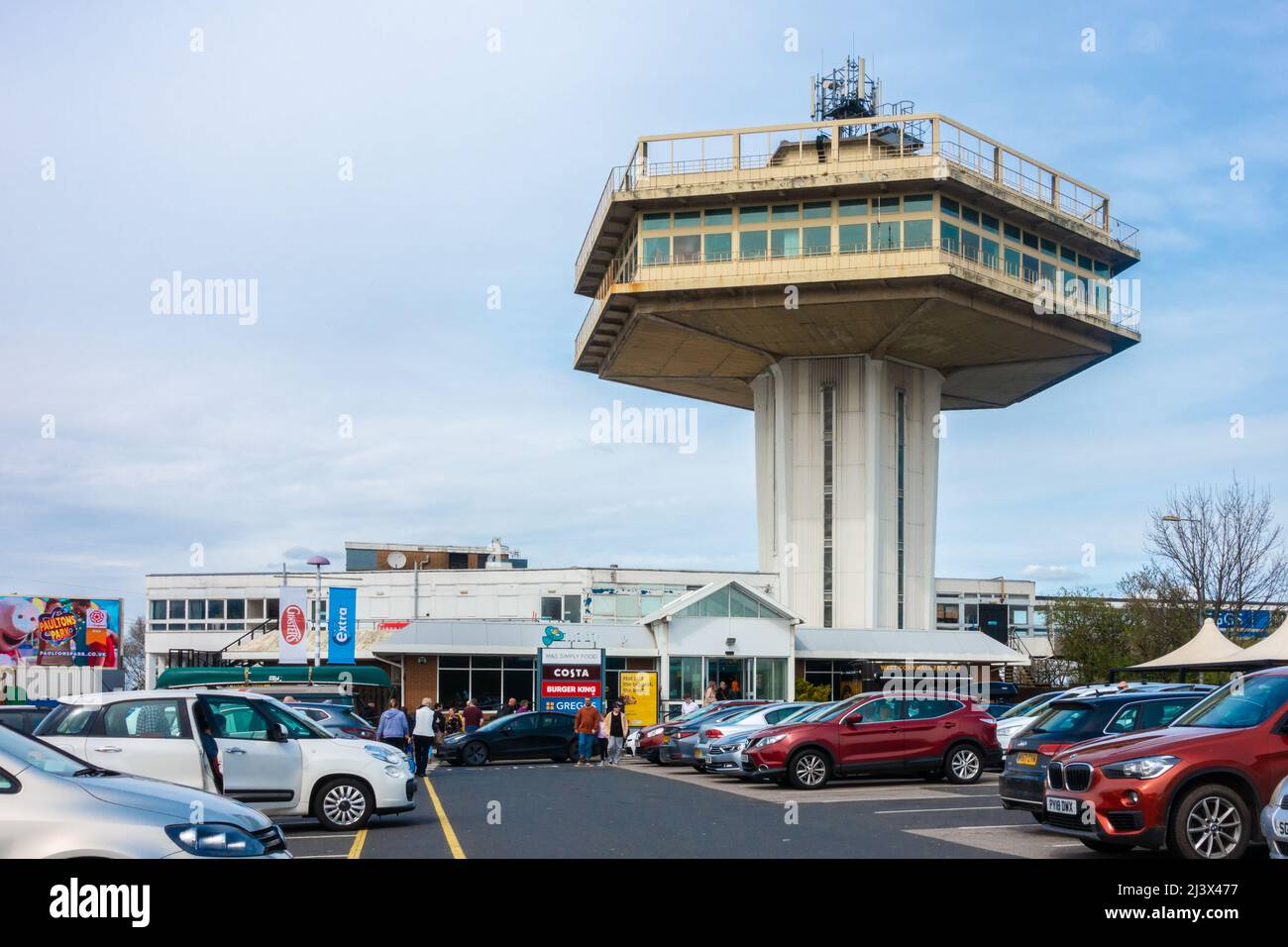 Iconic observation tower at Forton Motorway Serve Station on the M6 in ...