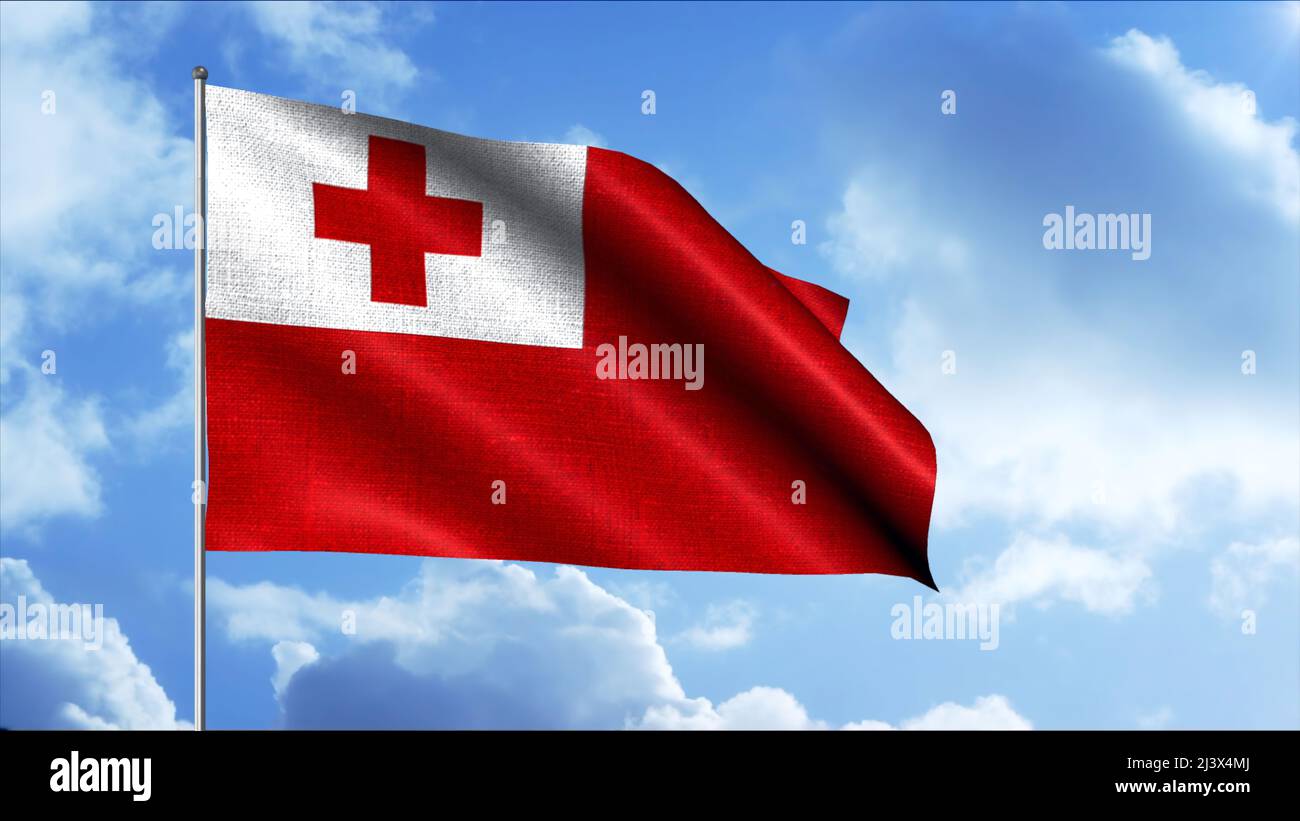 3D animation of flag waving on background of moving clouds. Motion ...