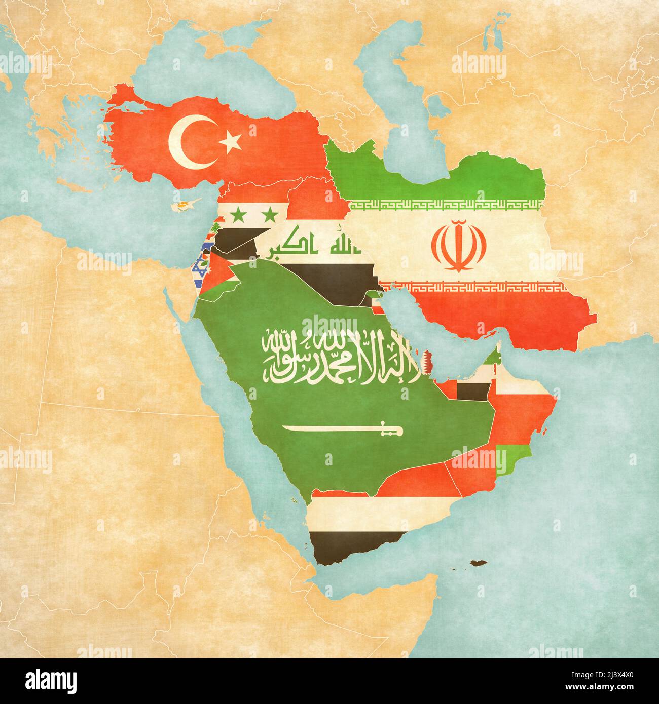 Flags of all countries on the map of Middle East (Asia) in soft grunge ...