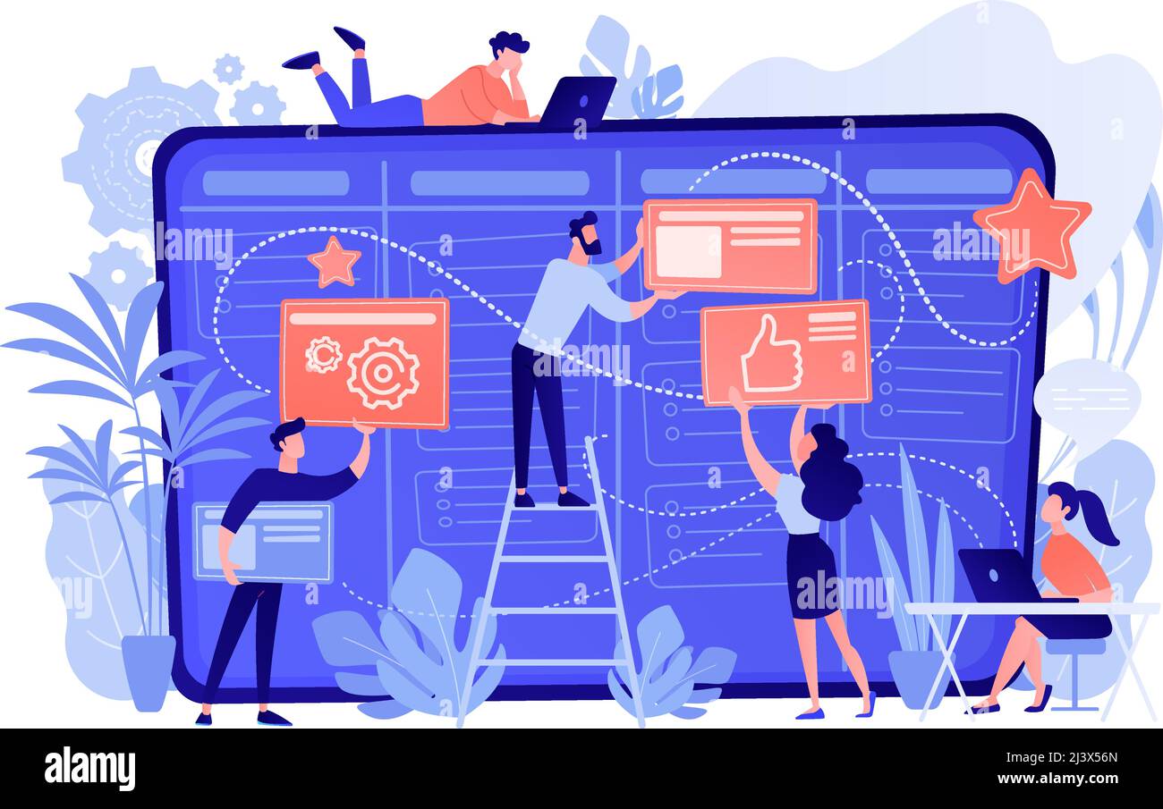 Team members moving cards on large kanban board. Teamwork ...