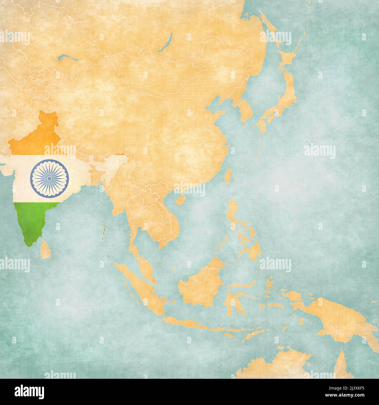 India (Indian flag) on the map of East and Southeast Asia in soft ...