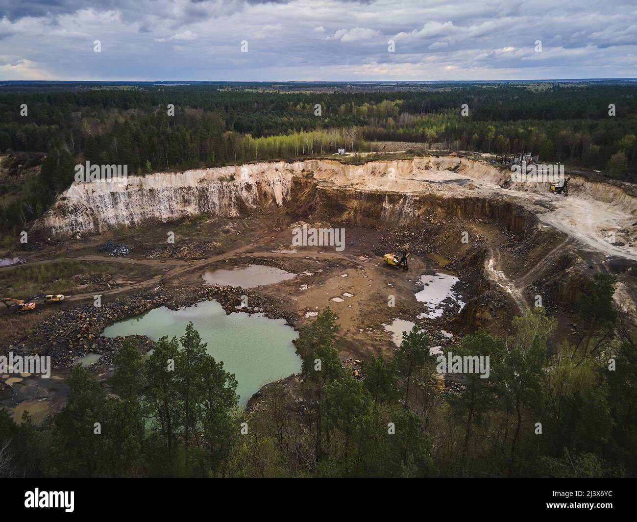 Aerial view basalt quarry of open pit with Bulldozer And Car, Industry ...