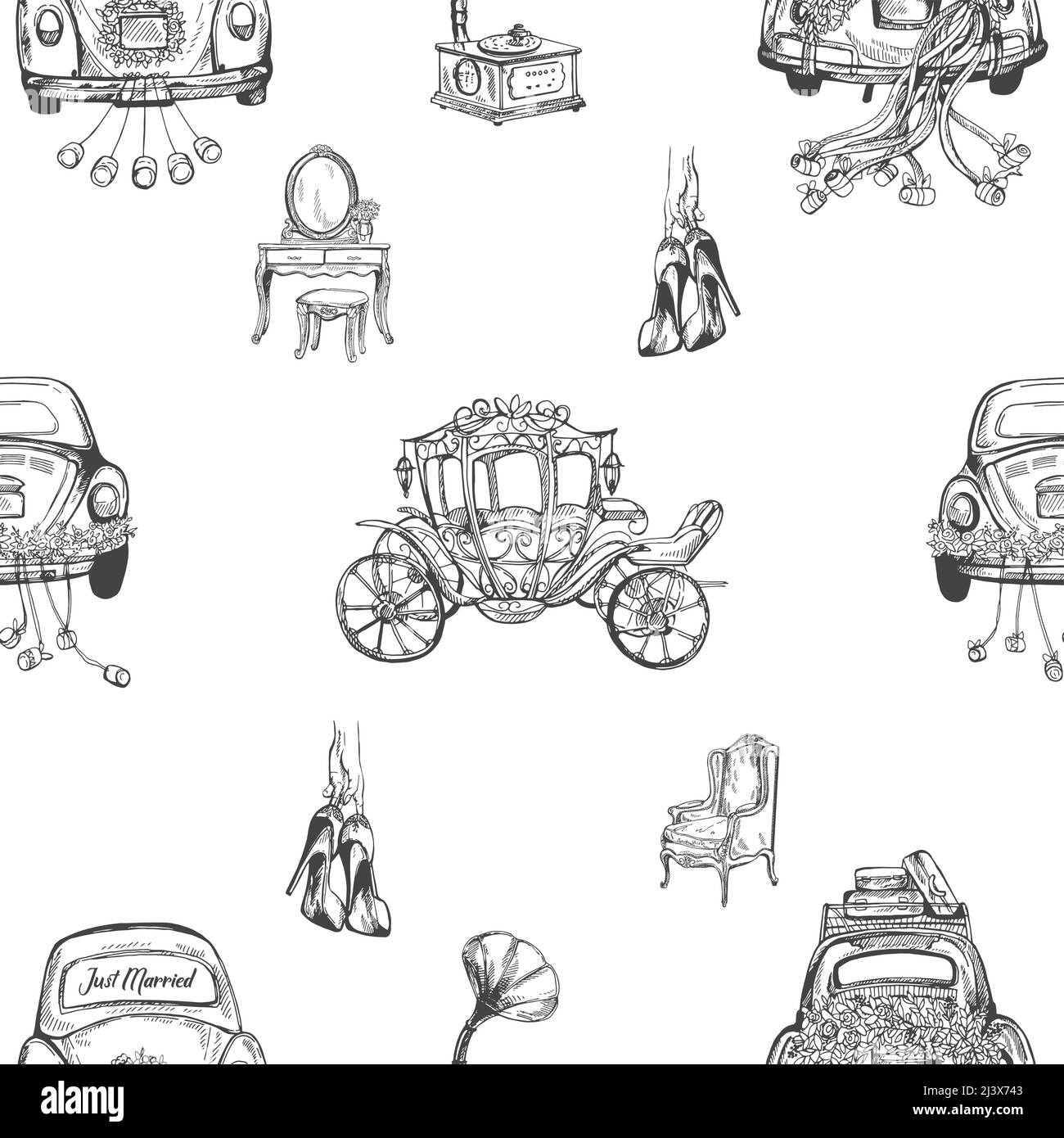 Seamless pattern of hand drawn sketch style wedding themed objects ...