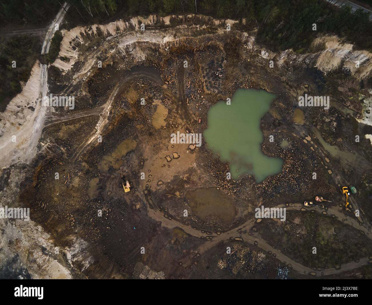 Aerial view basalt quarry of open pit with Bulldozer And Car, Industry ...