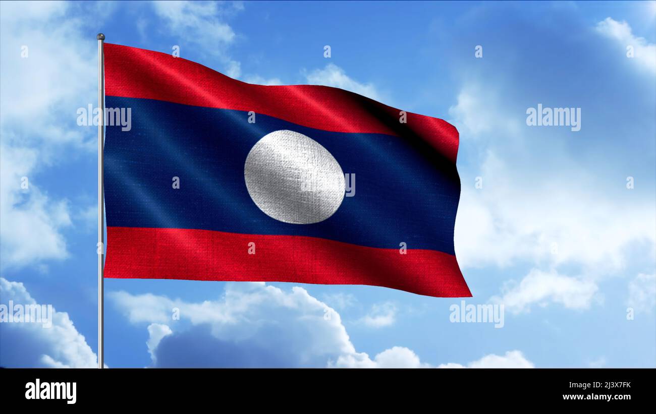 The flag of Laos over the blue sky. Motion. The flag consists of three ...