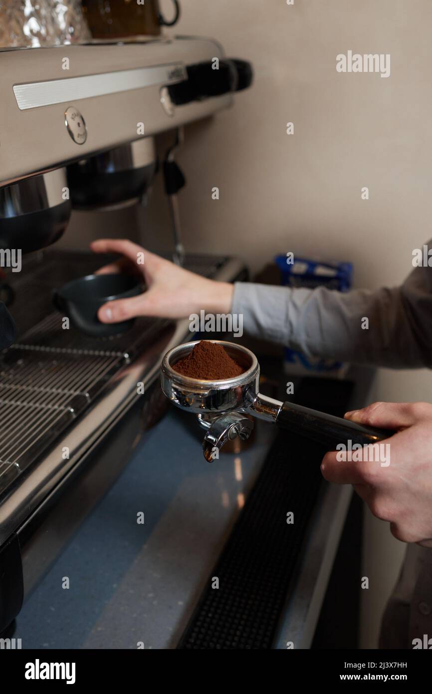 espresso shot from coffee machine make by barista in coffee shop cafe ...