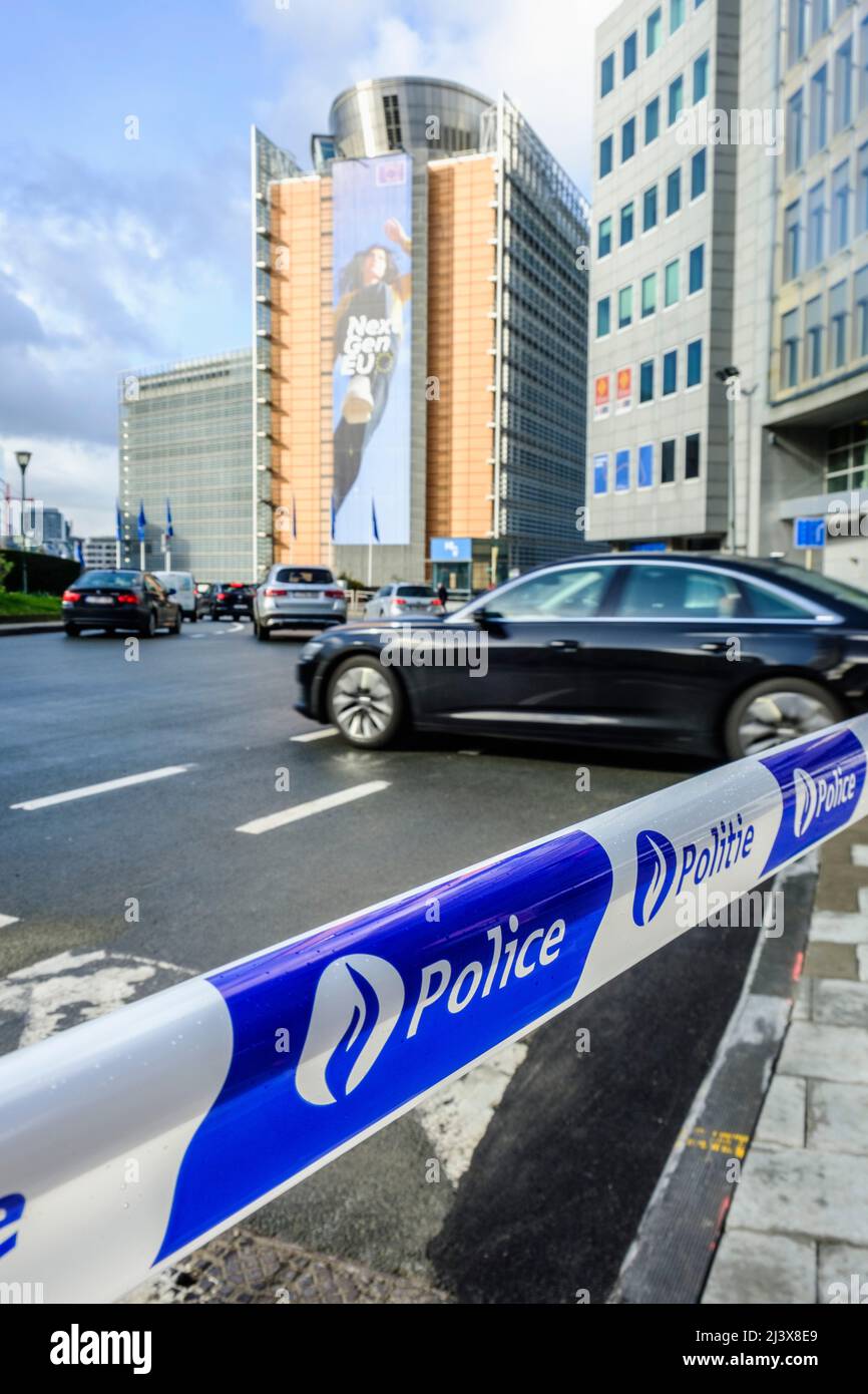 Police Ribbon around sidewalk and streets in Schuman roundabout and EU ...