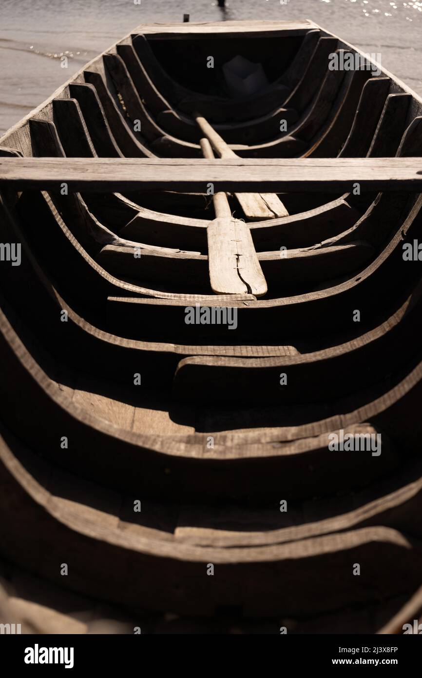 Interior of a small rustic wooden boat. Boat for fishermen Stock Photo ...