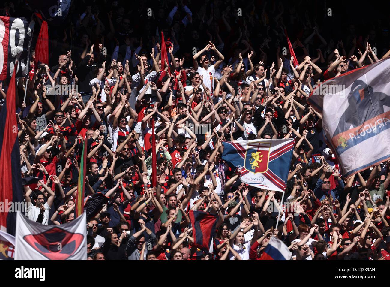 Genova, Italy. 10th Apr, 2022. Genoa CFC fans clap their hands during ...