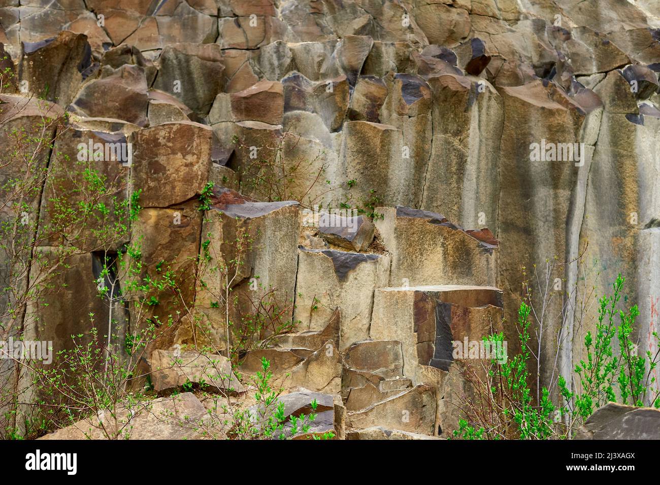 Basalt stone columns close up, Ukraine travel, rocks are shaped like ...