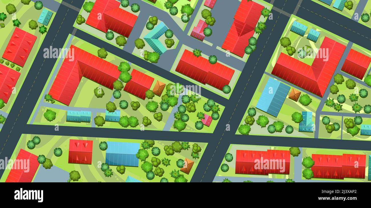 Streets of city. Top View from above. Small town house and road. Map ...
