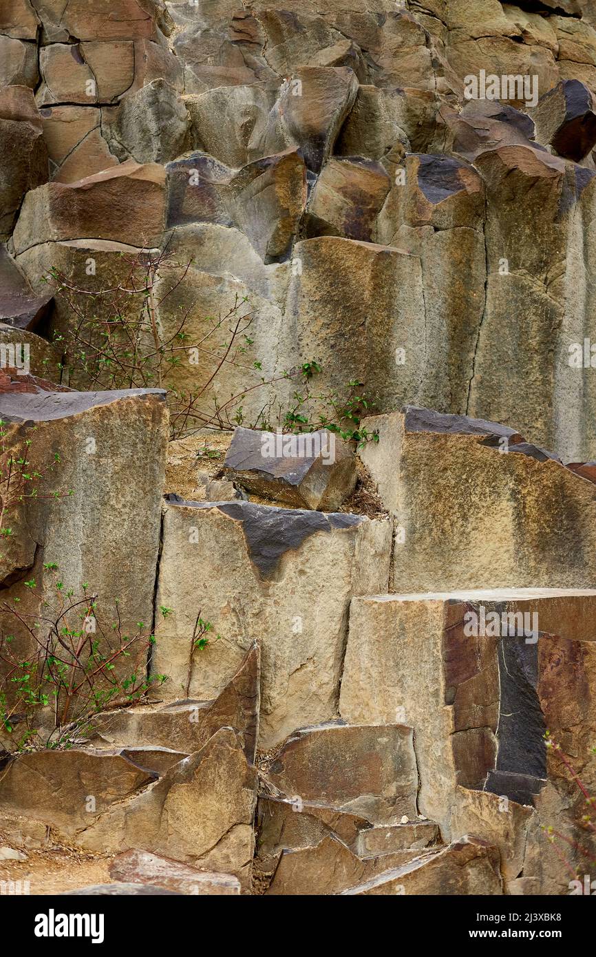 Basalt stone columns close up, Ukraine travel, rocks are shaped like ...