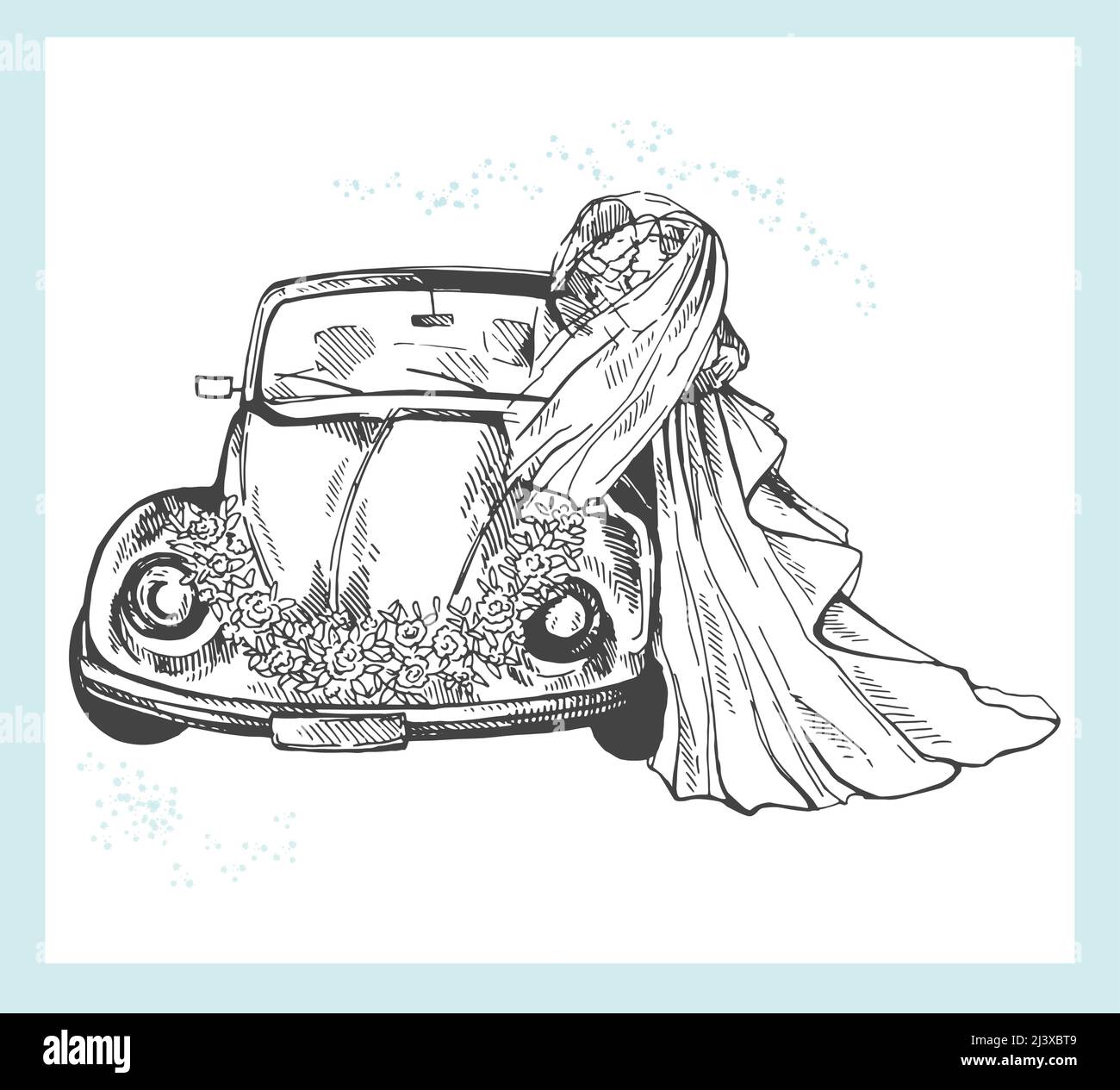 Abstract hand drawn sketch style wedding car with newlyweds isolated on ...