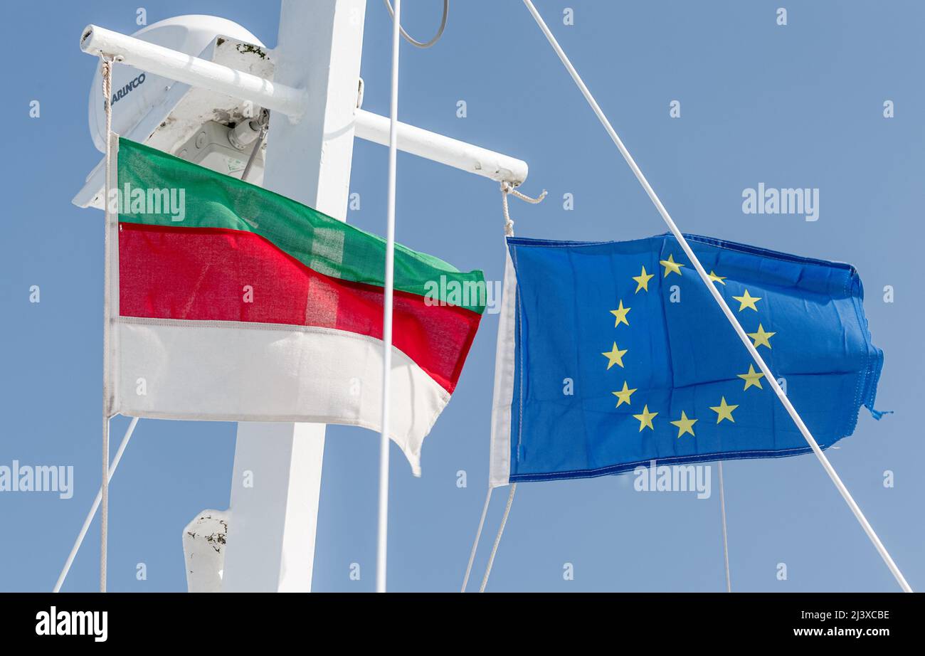 Helgoland, Germany. 25th Mar, 2022. The flag of Helgoland with the ...