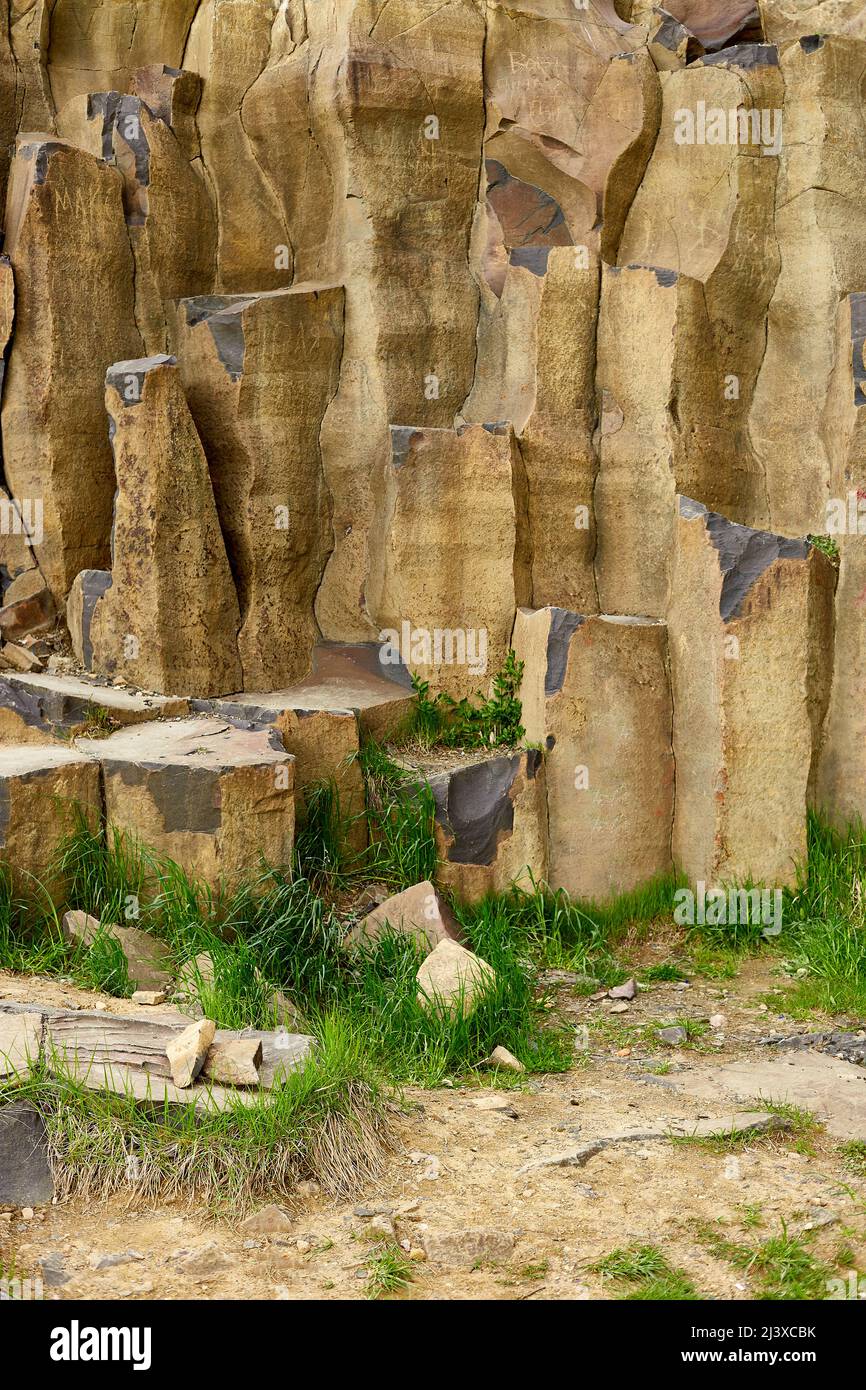 Basalt stone columns close up, Ukraine travel, rocks are shaped like ...