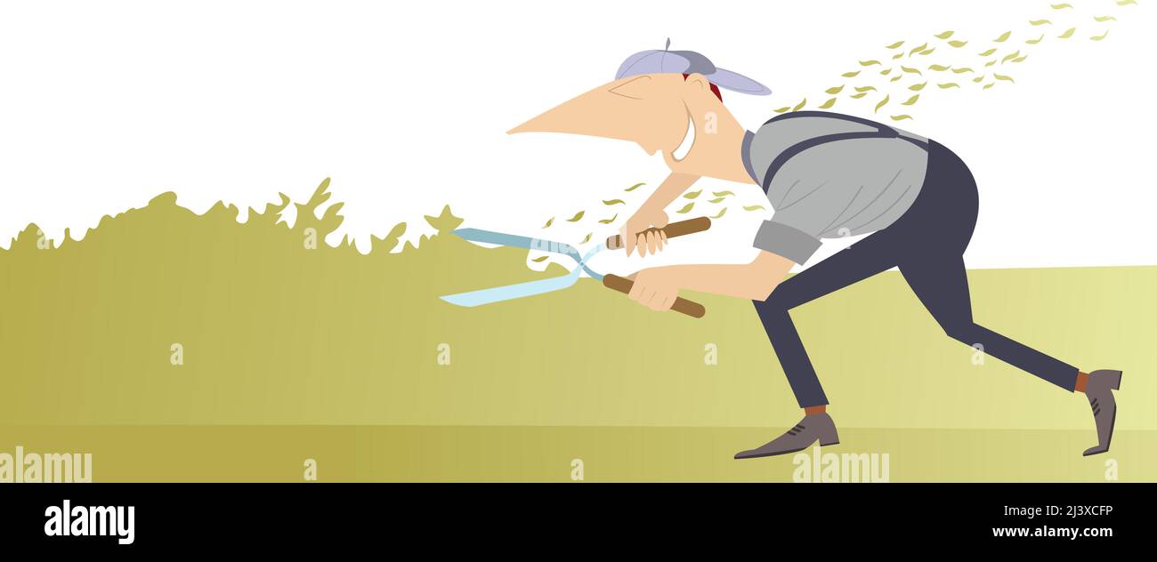 Gardener cartoon illustration. Comic man cuts the bushes using scissors ...