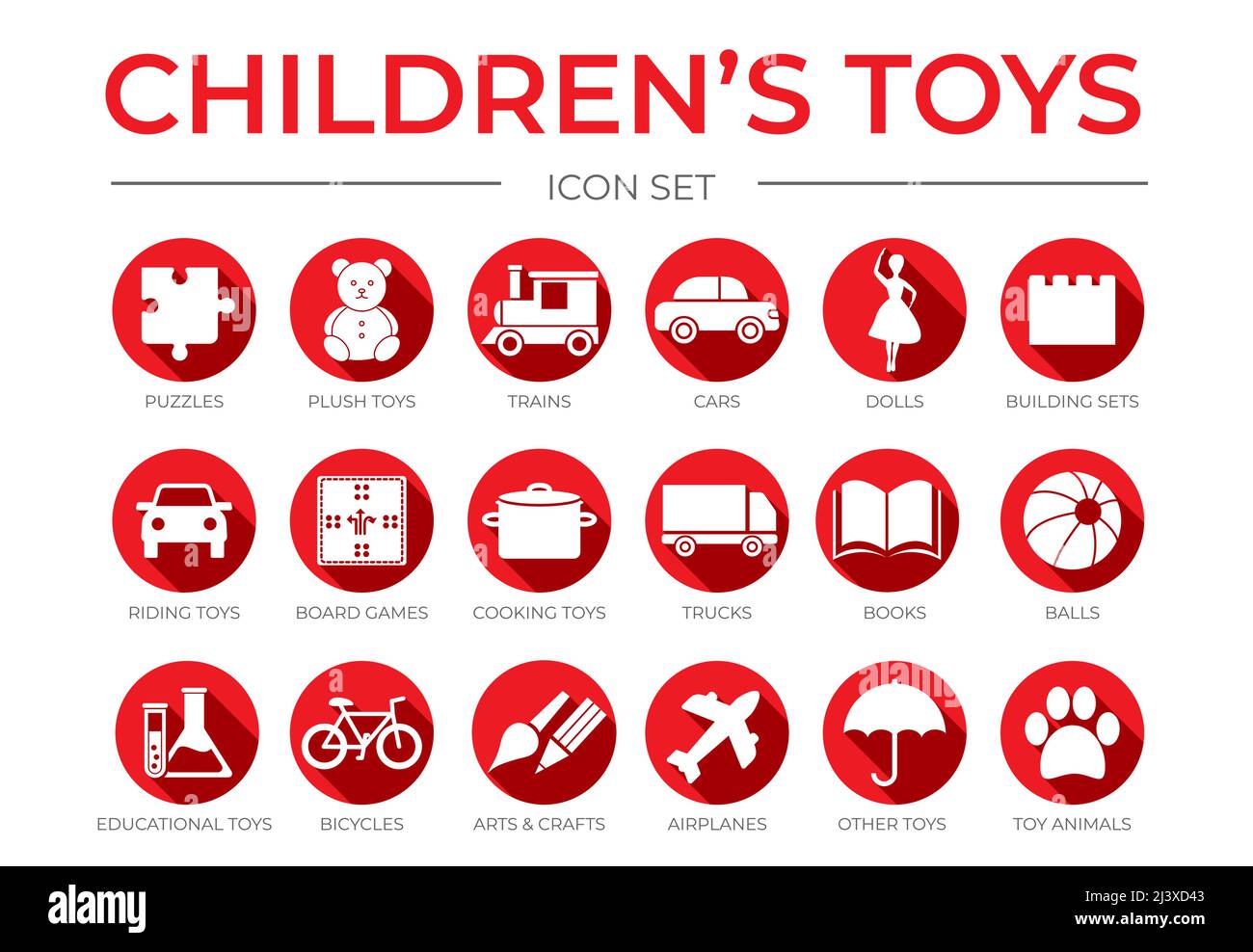 Flat Red Children's Toys Icon Set with Puzzle, Plush, Train and Car ...
