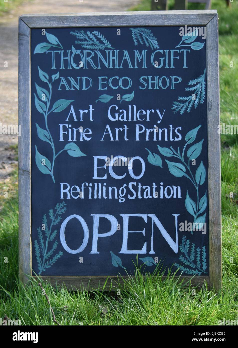 sign for gift and eco shop, thornham walks, suffolk england Stock Photo ...